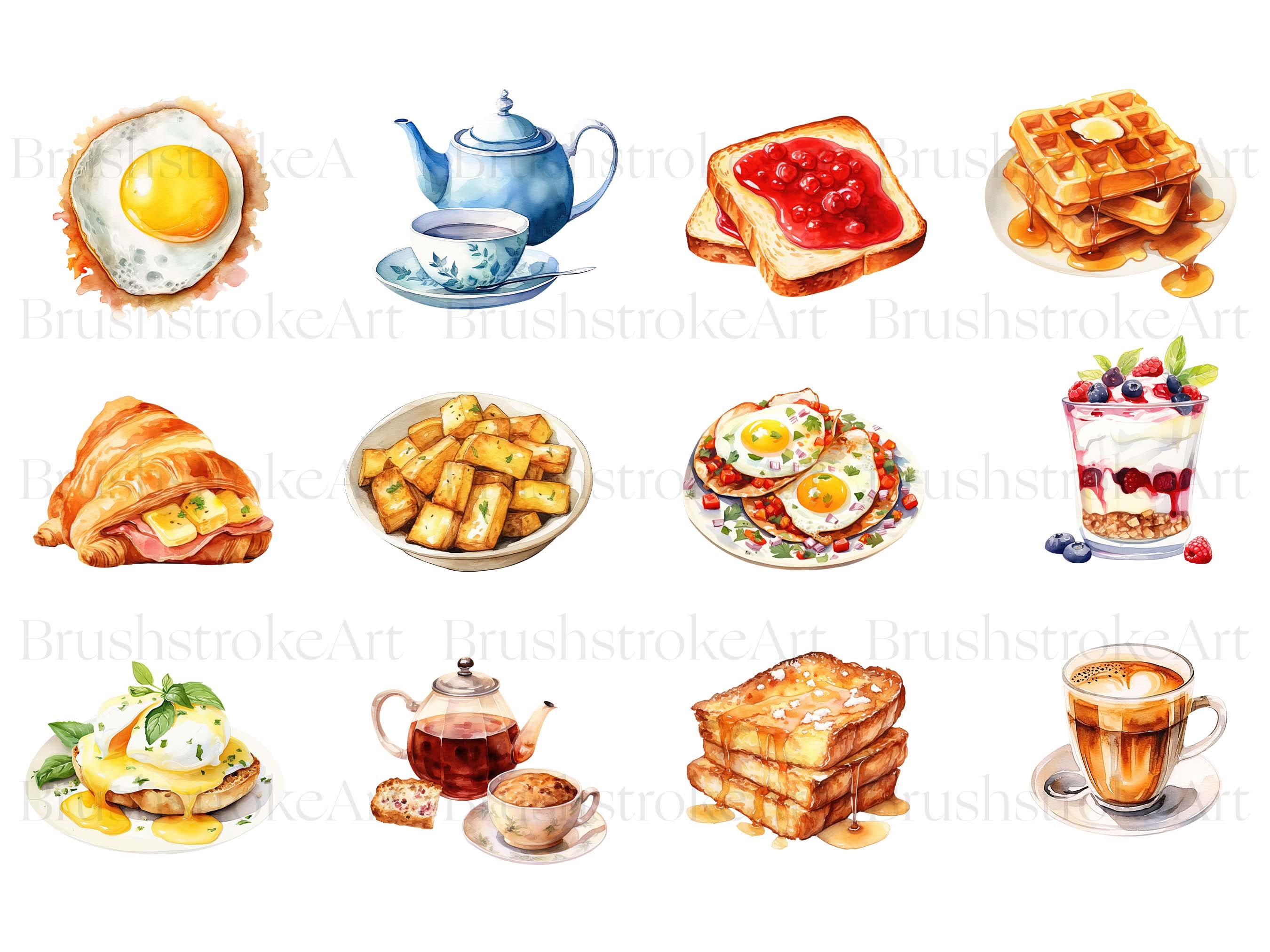 Watercolor Breakfast Clipart, Coffee and Tea, Waffle, Banana, Eggs and ...