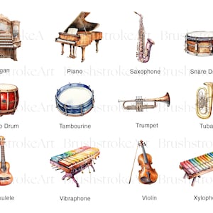 Watercolor Music Clipart, Musical Instruments, Piano, Guitar, Violin ...