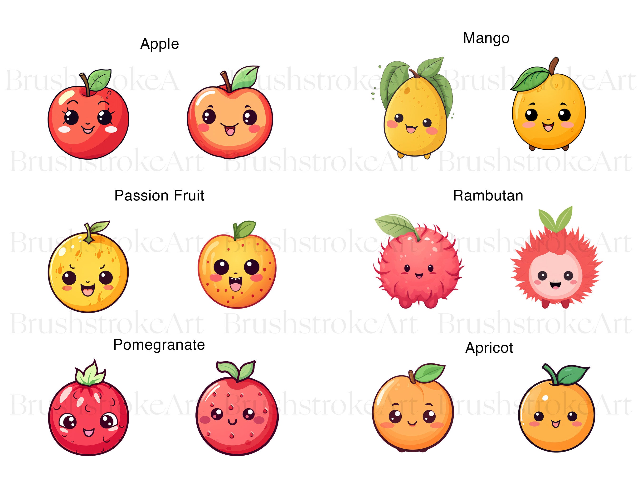 Cute Fruit Clipart, Happy Fruits, Pineapple Clipart, Red Apple, Smiling ...