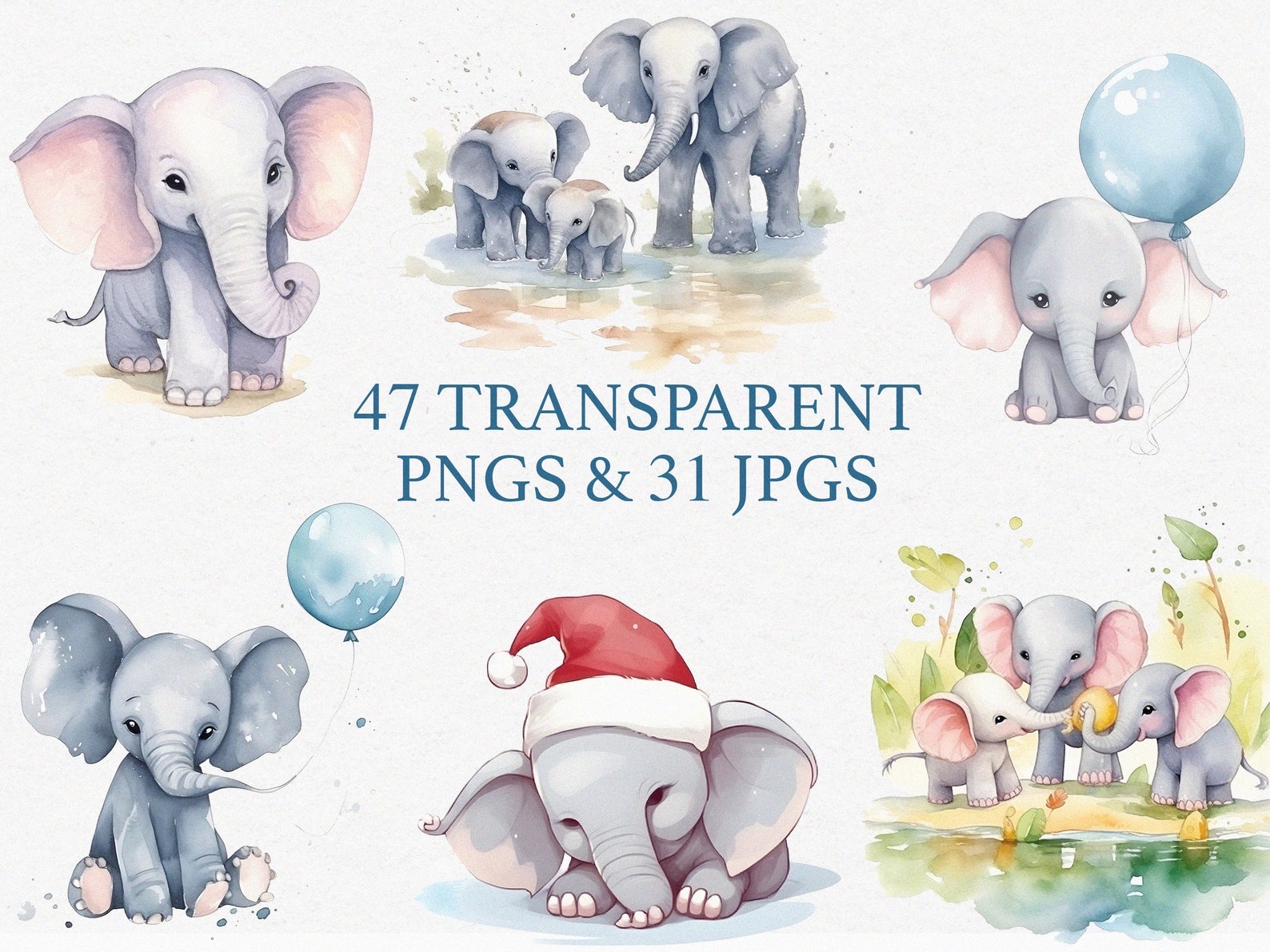 47 Cute Baby Elephant Clipart, Watercolor Elephant, Balloon, Nursery ...