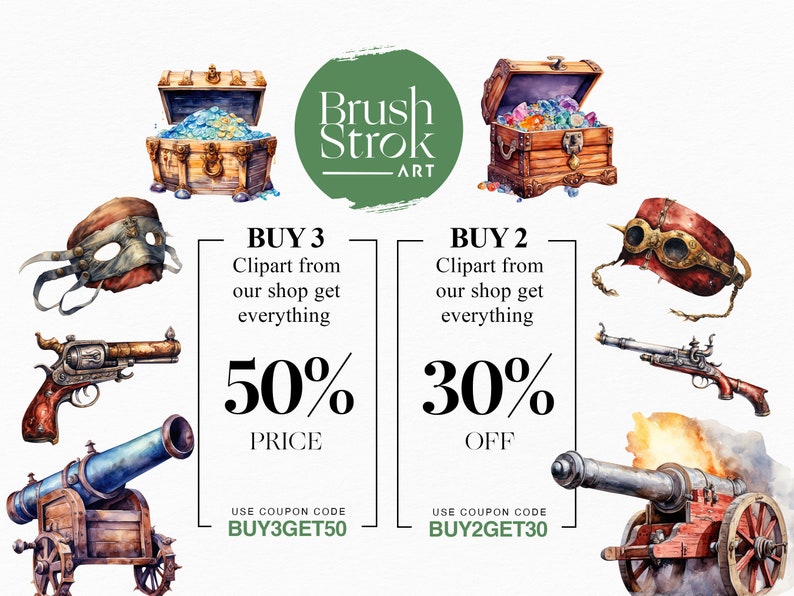 Watercolor Pirates Clipart, Pirate Ship, Hat, Boots, Skull, Treasure ...