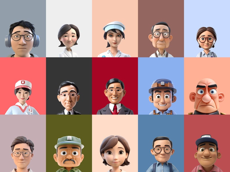 3D Characters Clipart Pack- 75 Japanese Faces PNG Files for Design ...