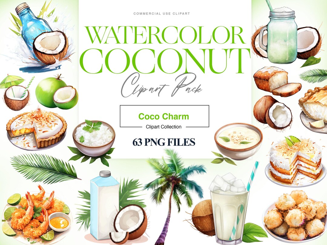 Watercolor Coconut Clipart, Tropical Fruit, Coconut PNG, Tropical Drink ...