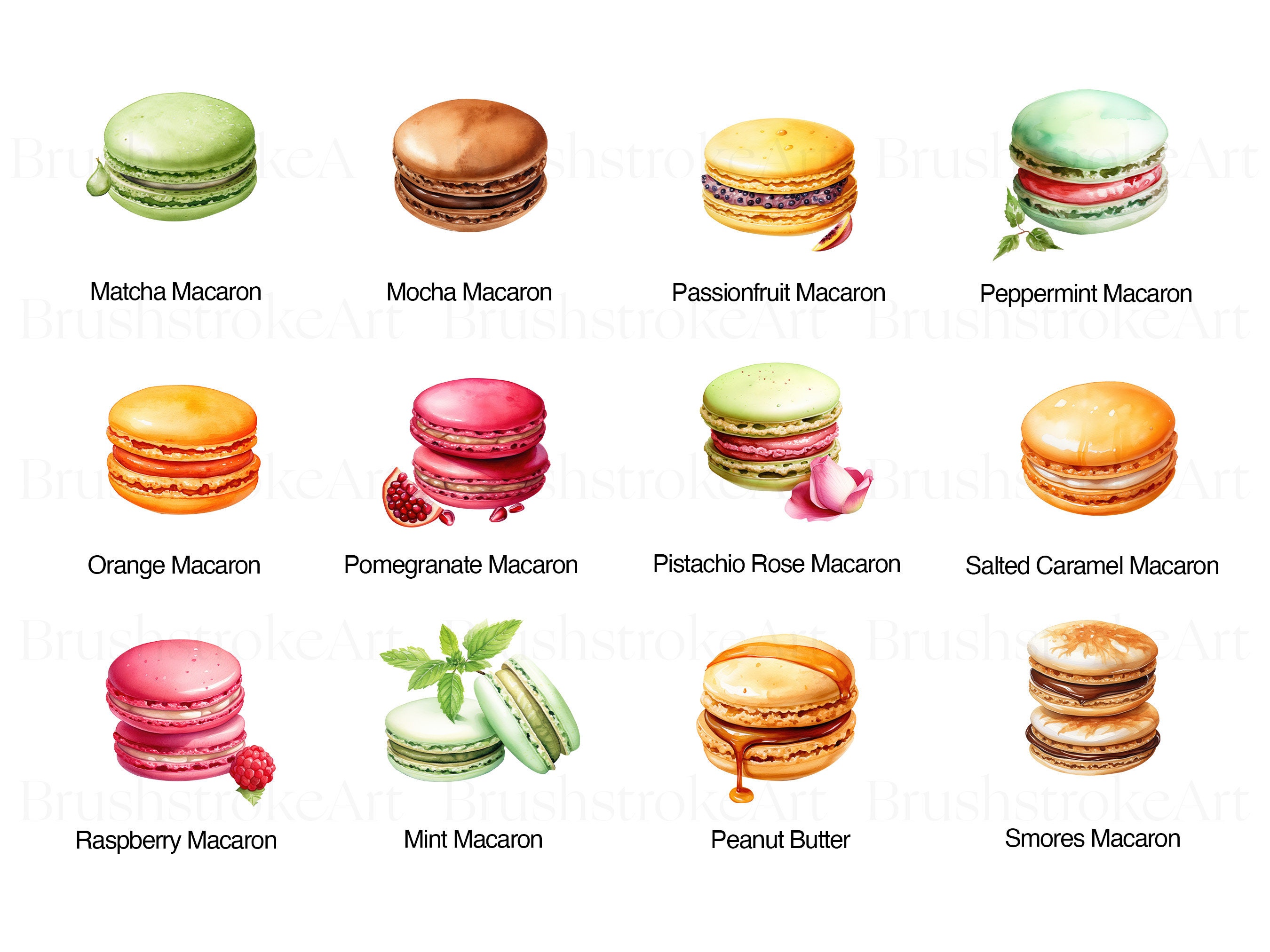 Watercolor Macaron Clipart, Chocolate, Banana, Coconut Macaron, Pink ...