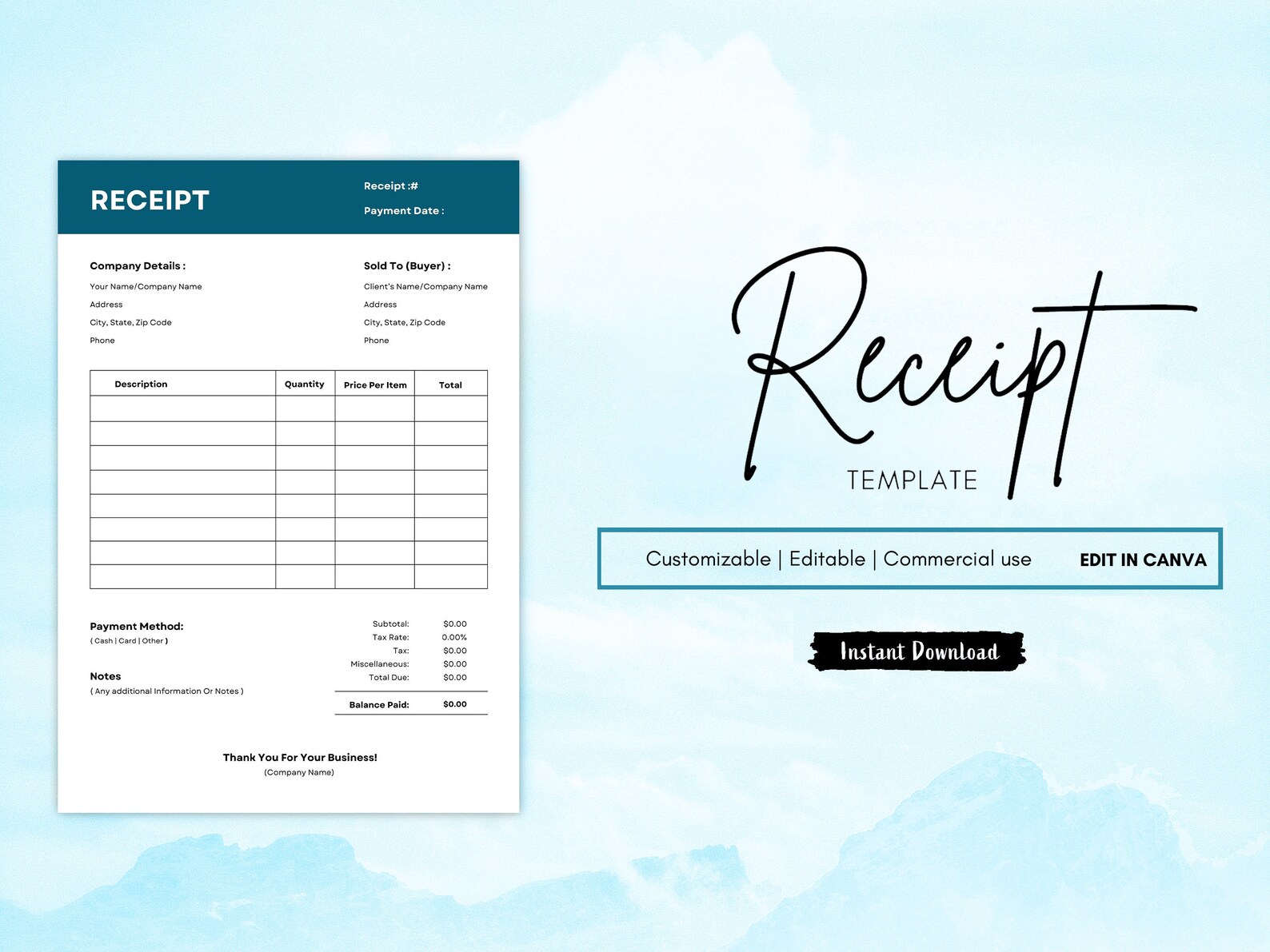 Editable Receipt Template, Rent Receipt Template, Receipt of Payment, Fillable Receipt Template ...