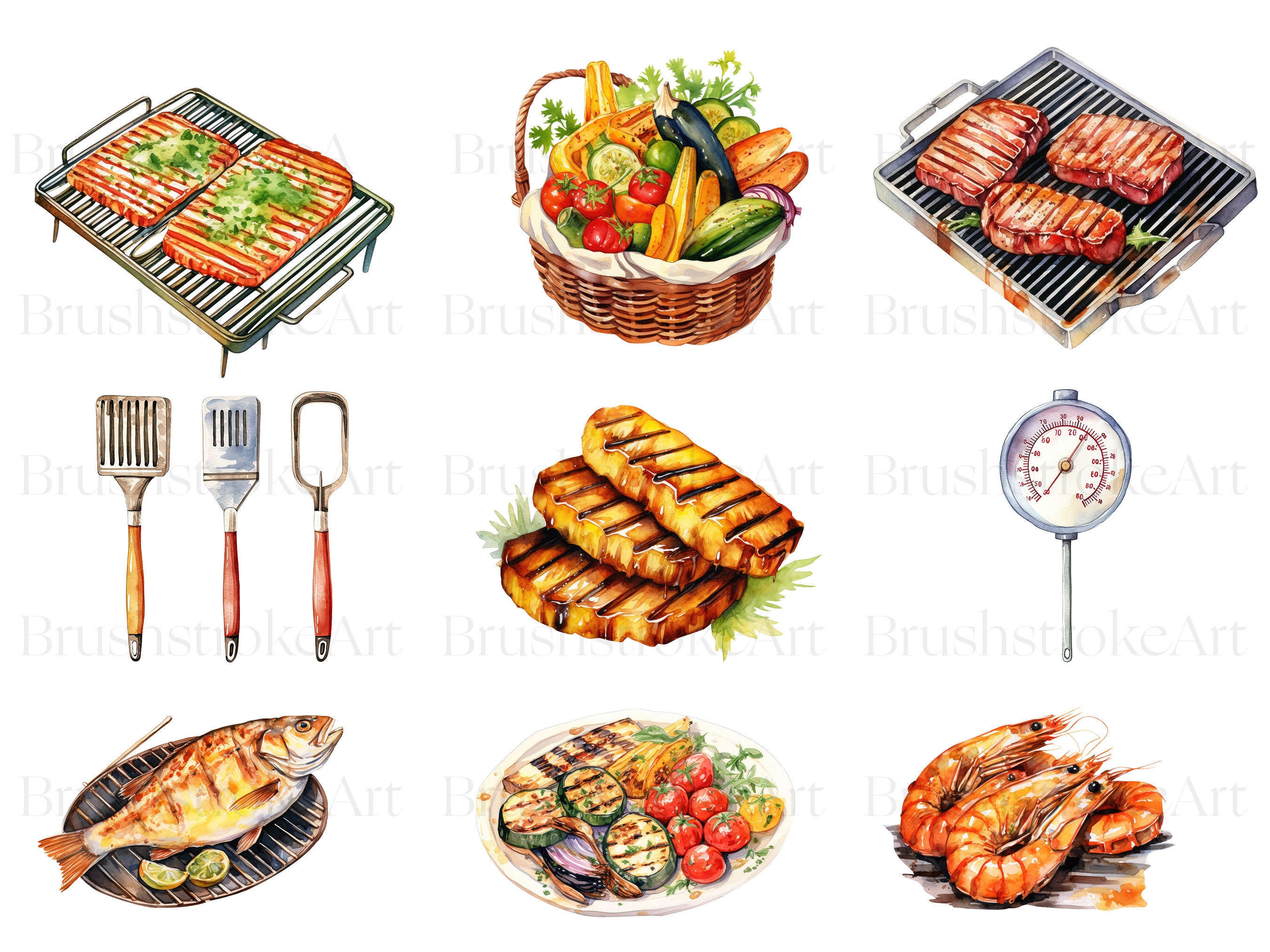 Grill Clipart Pack, Watercolor Barbecue Party, Summer Picnic, Food ...