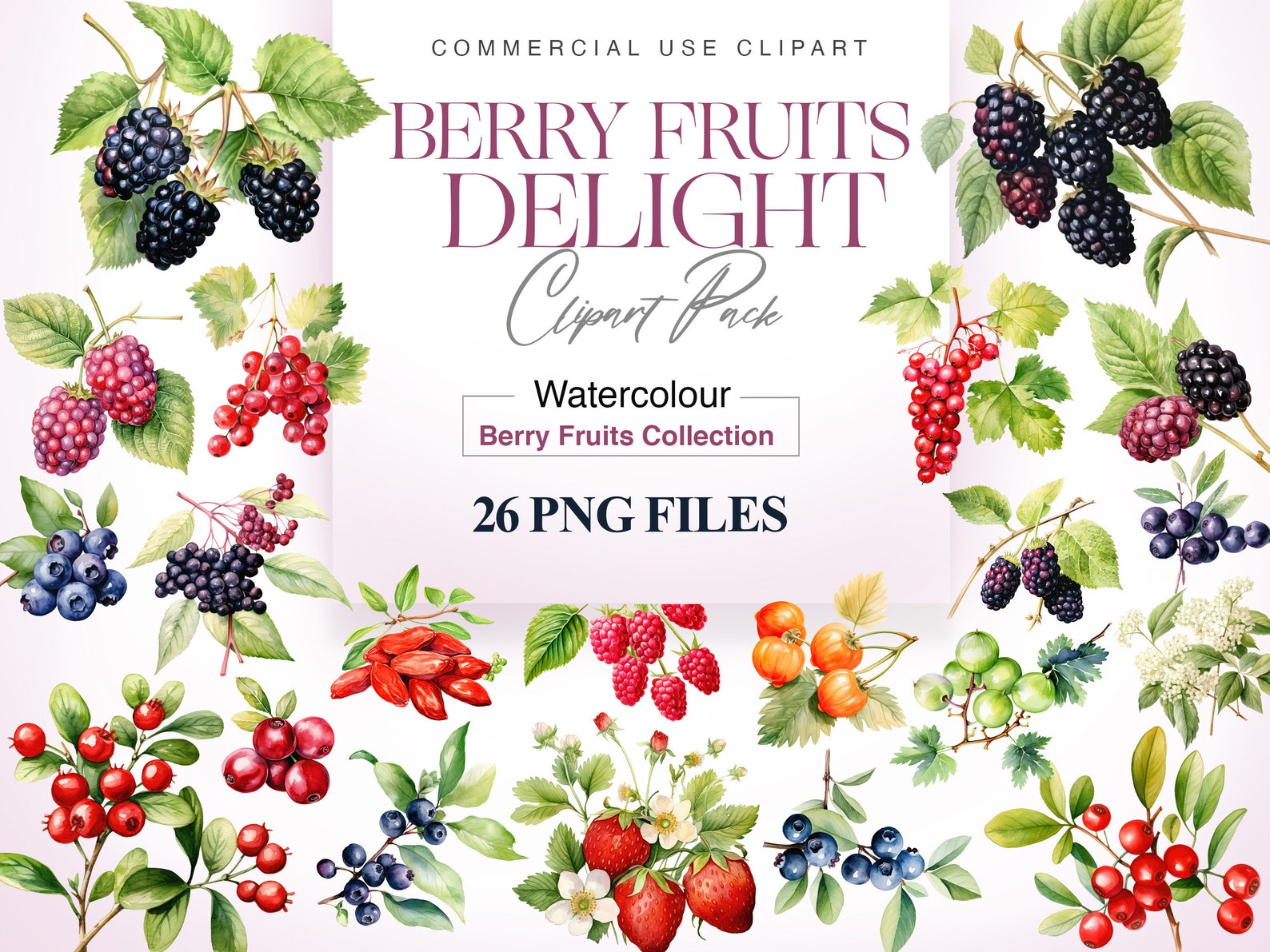 Watercolor Berries Clipart, Strawberry, Raspberry, Blackberry ...