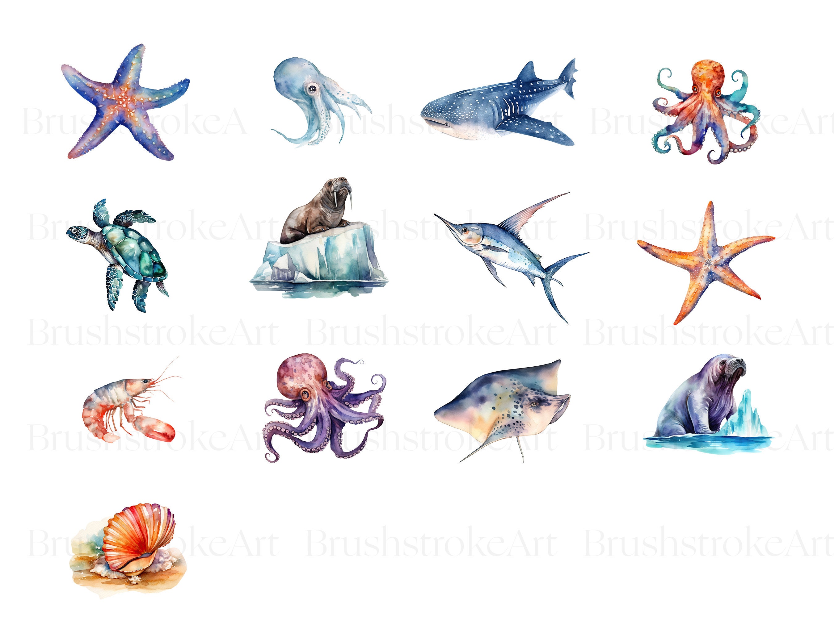 Underwater Animals Clipart Pack Cute Sea Animal, Shark, Turtle PNG ...