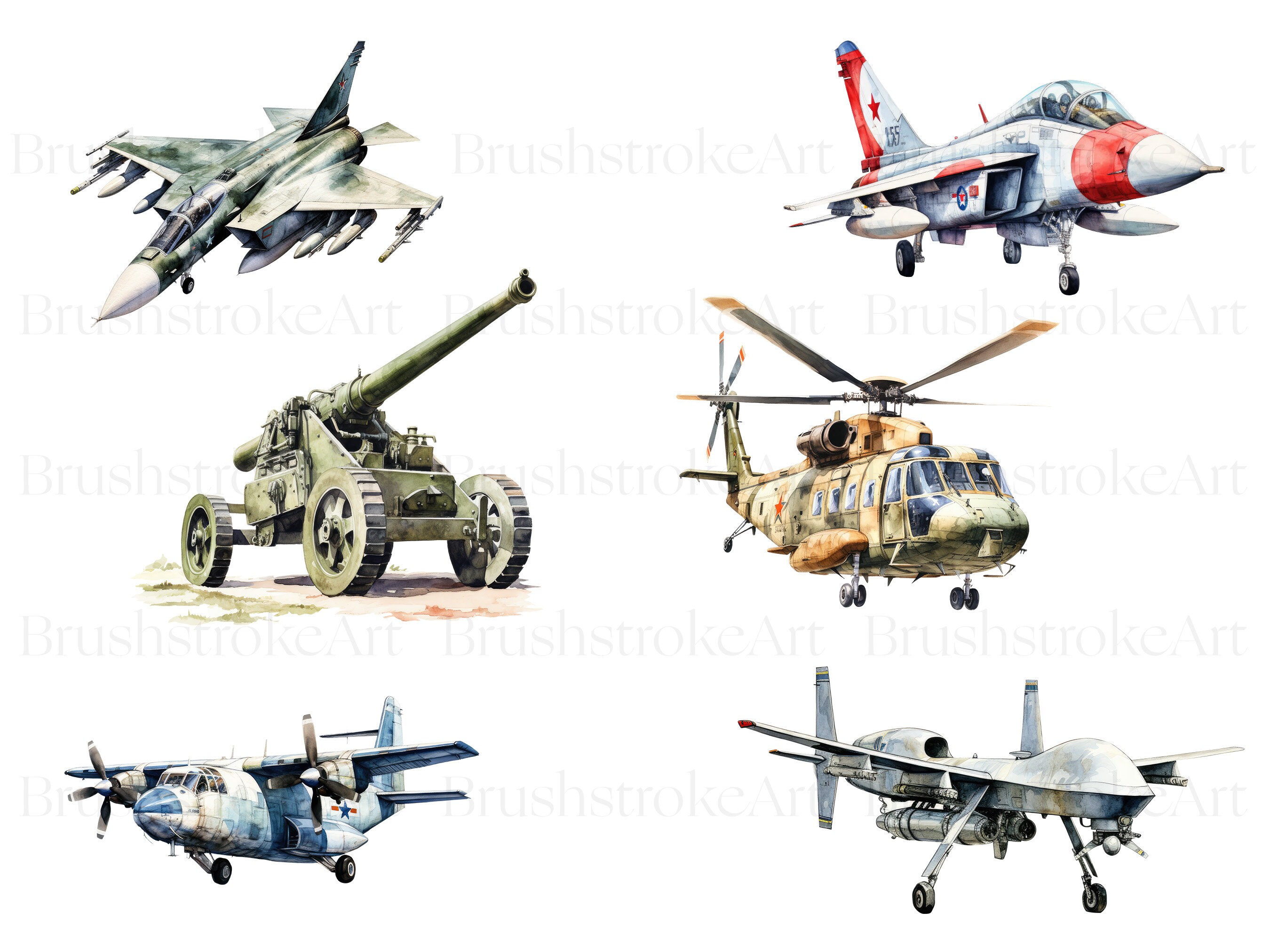 Watercolor Army Vehicle Clipart, Tank, Helicopter, Fighter Jet, Plane ...