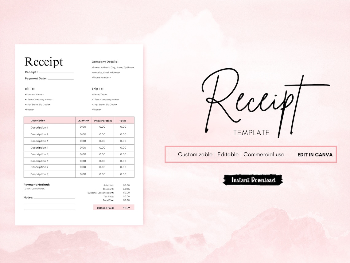 Simple Receipt Template, Canva Editable Receipt Template, Cash Receipt ...