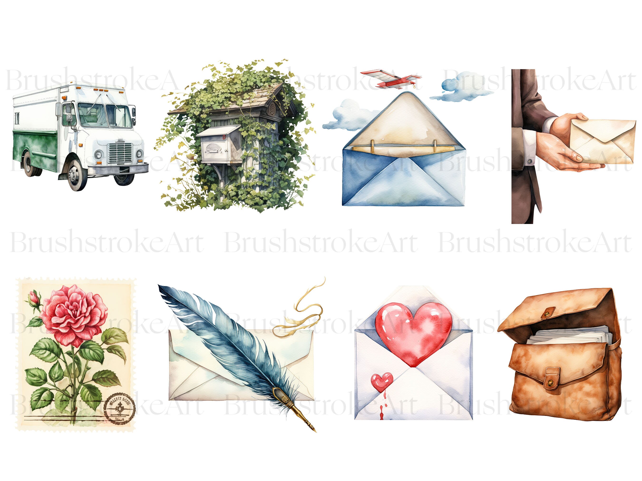 Watercolor Postage, Mail Truck, Postal Stamp, Letter Clipart, Mailbox ...