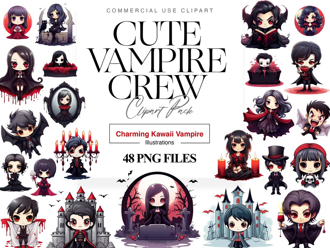 Cute Vampire Clipart, 48 Watercolor Halloween Vampire, Bats, Kawaii ...