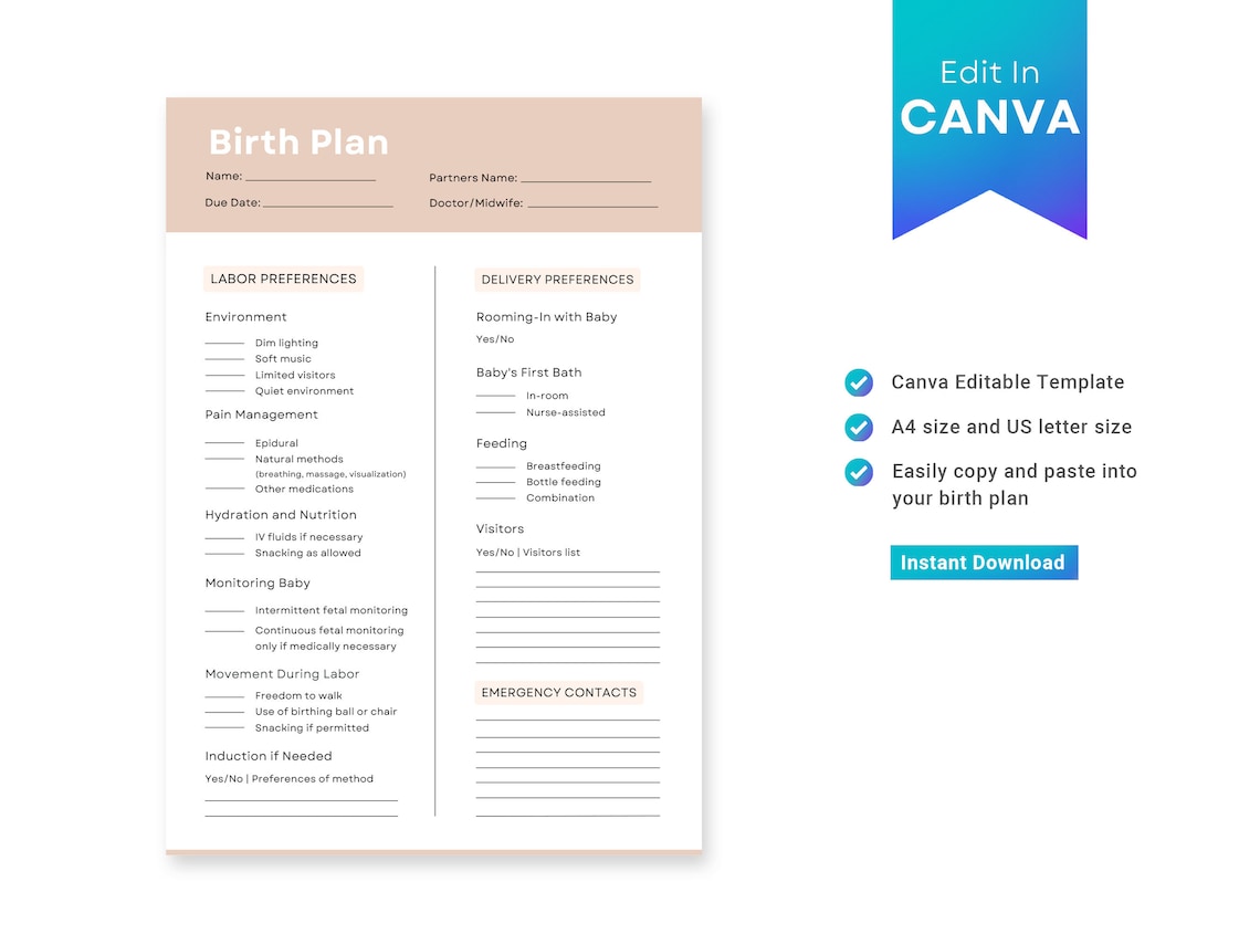 Printable Birth Plan Template, C Section, Labor Preferences, Editable ...