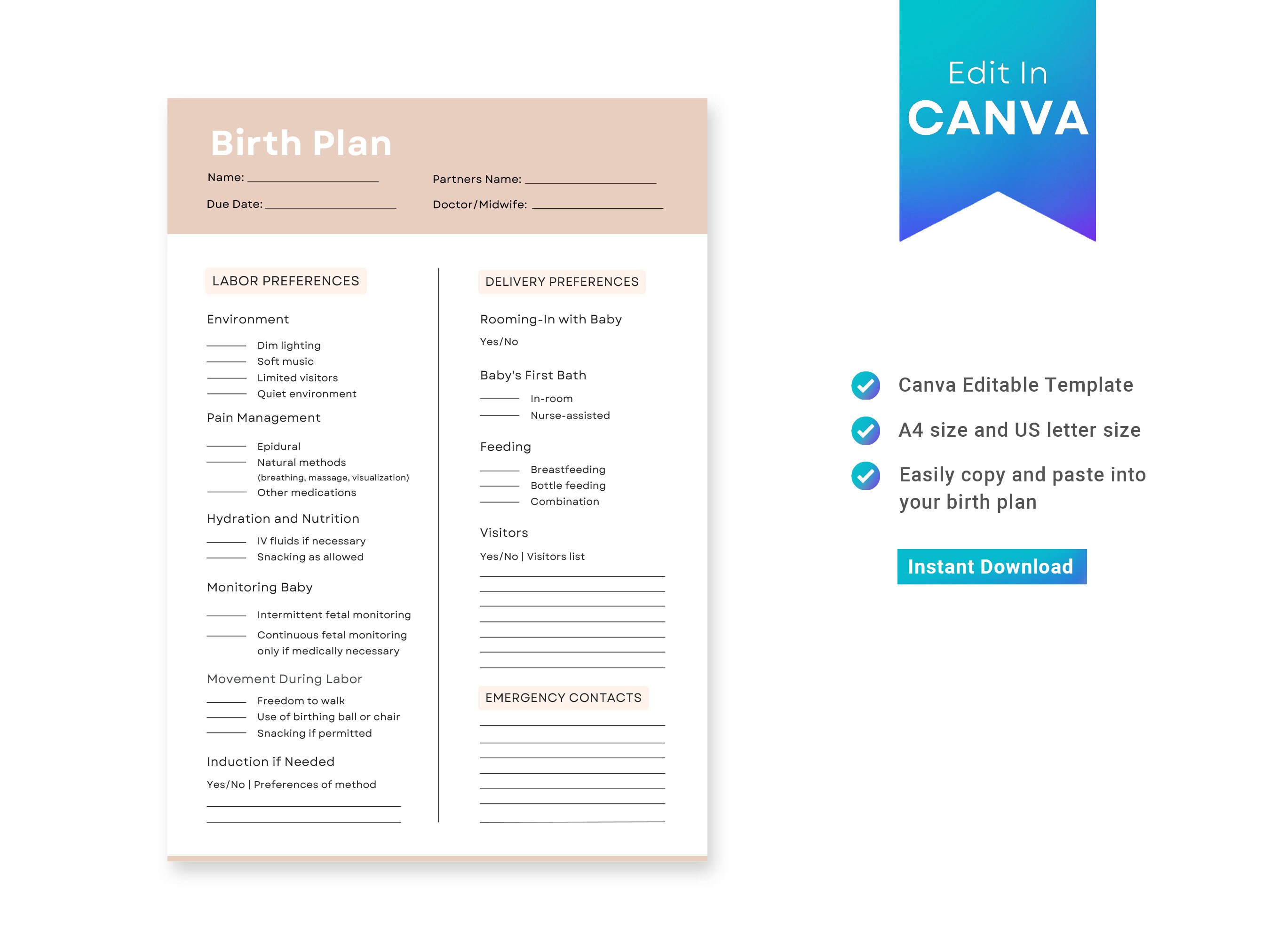 Printable Birth Plan Template, C Section, Labor Preferences, Editable ...
