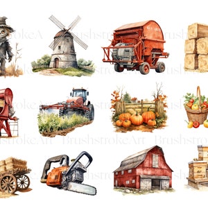 Rustic Farm Clipart, Farmhouse, Farmer, Scarecrow, Tractor, Hay Bale ...
