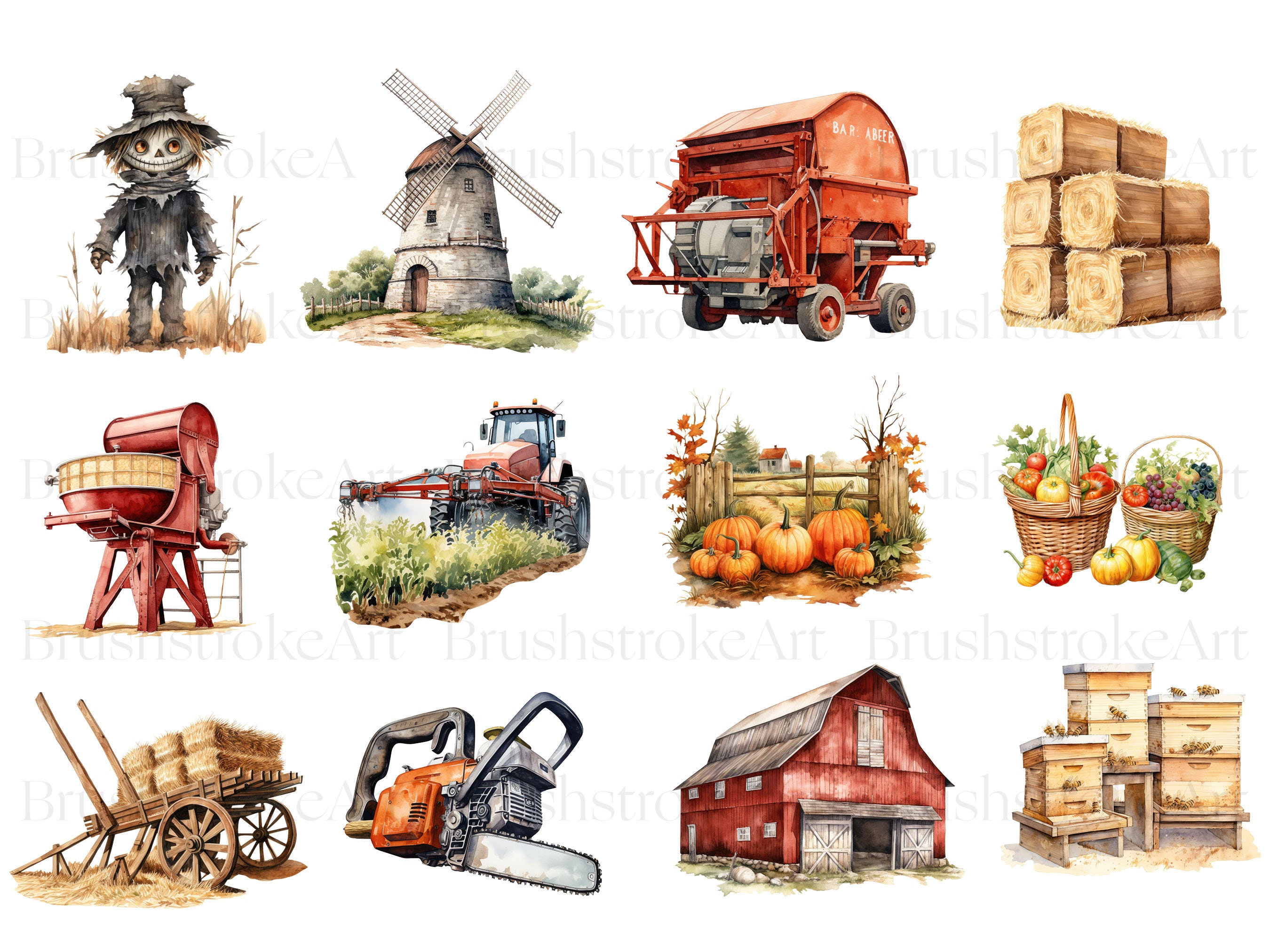 Rustic Farm Clipart, Farmhouse, Farmer, Scarecrow, Tractor, Hay Bale ...