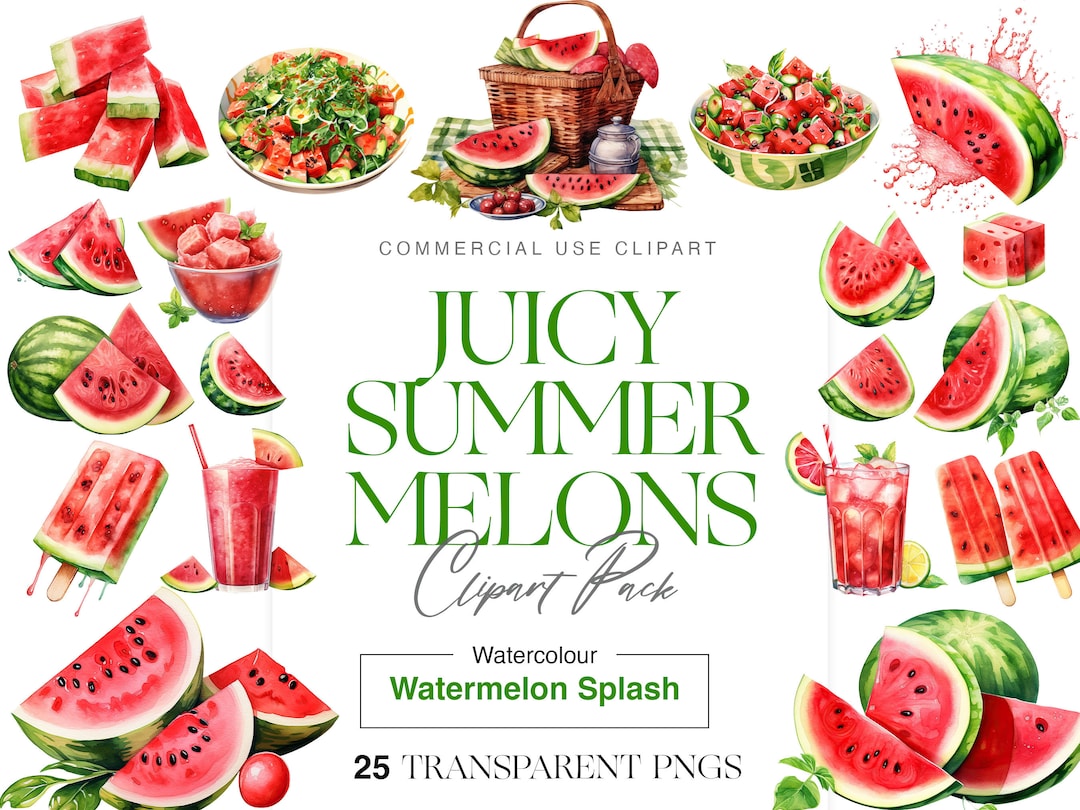 25 Watercolor Watermelon Clipart, Summer Fruit, Picnic Clipart ...