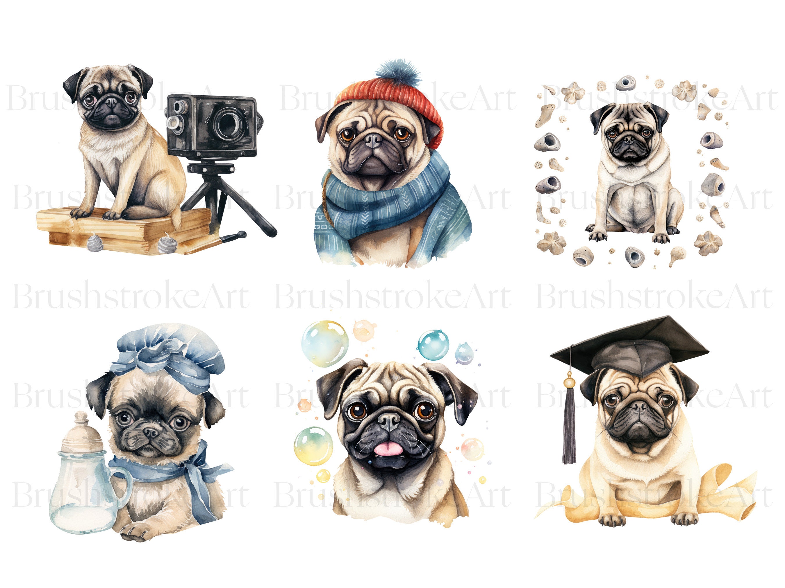 Watercolor Pug Clipart, Black Pug Puppy, Floral Dog, Kawaii Pug Chubby ...