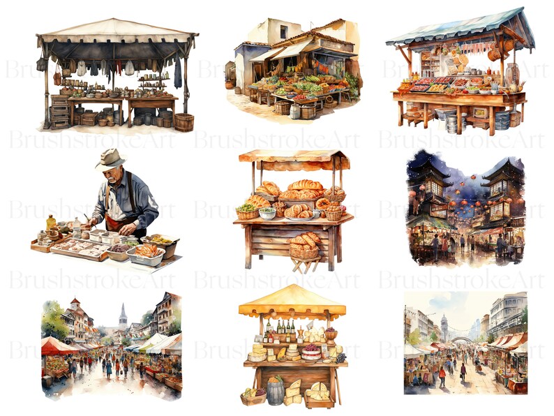Watercolor Market Clipart, Farmers Market, Fish Market, Fruits Basket ...