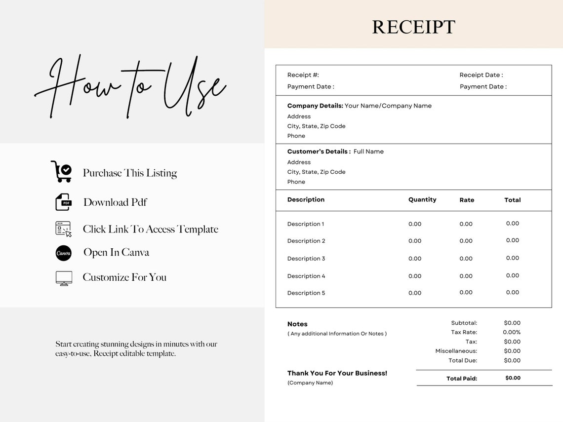 Printable Receipt Template, Blank Receipt Template, Receipt of Payment, Receipt Template Canva ...