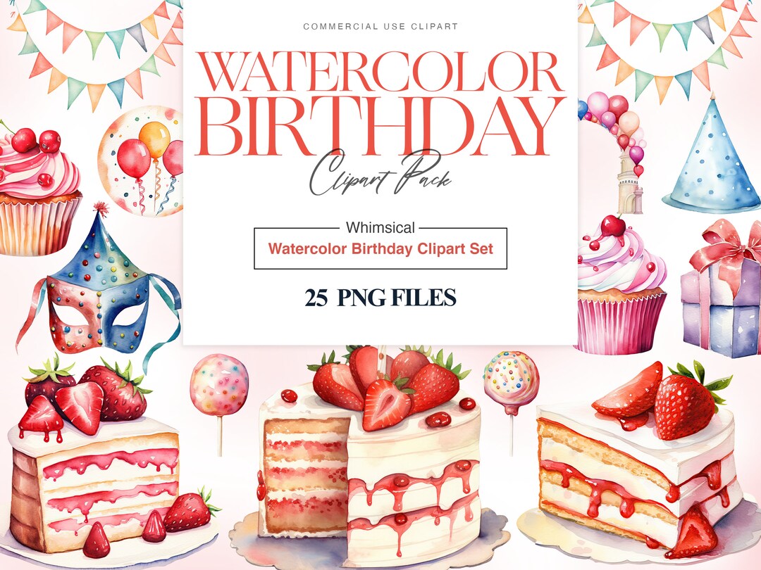 Watercolor Birthday Clipart| Party Hats Clipart| Birthday Cake ...