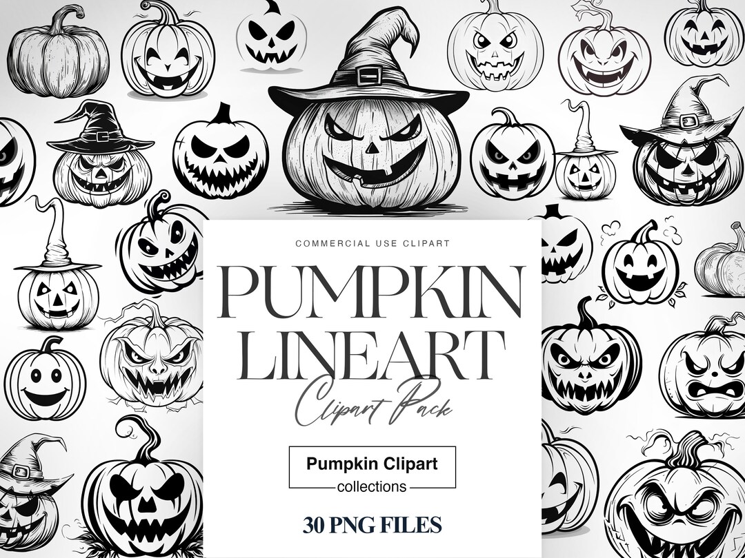 Halloween Pumpkin Line Art, Scary Pumpkin PNG, Vintage Halloween ...