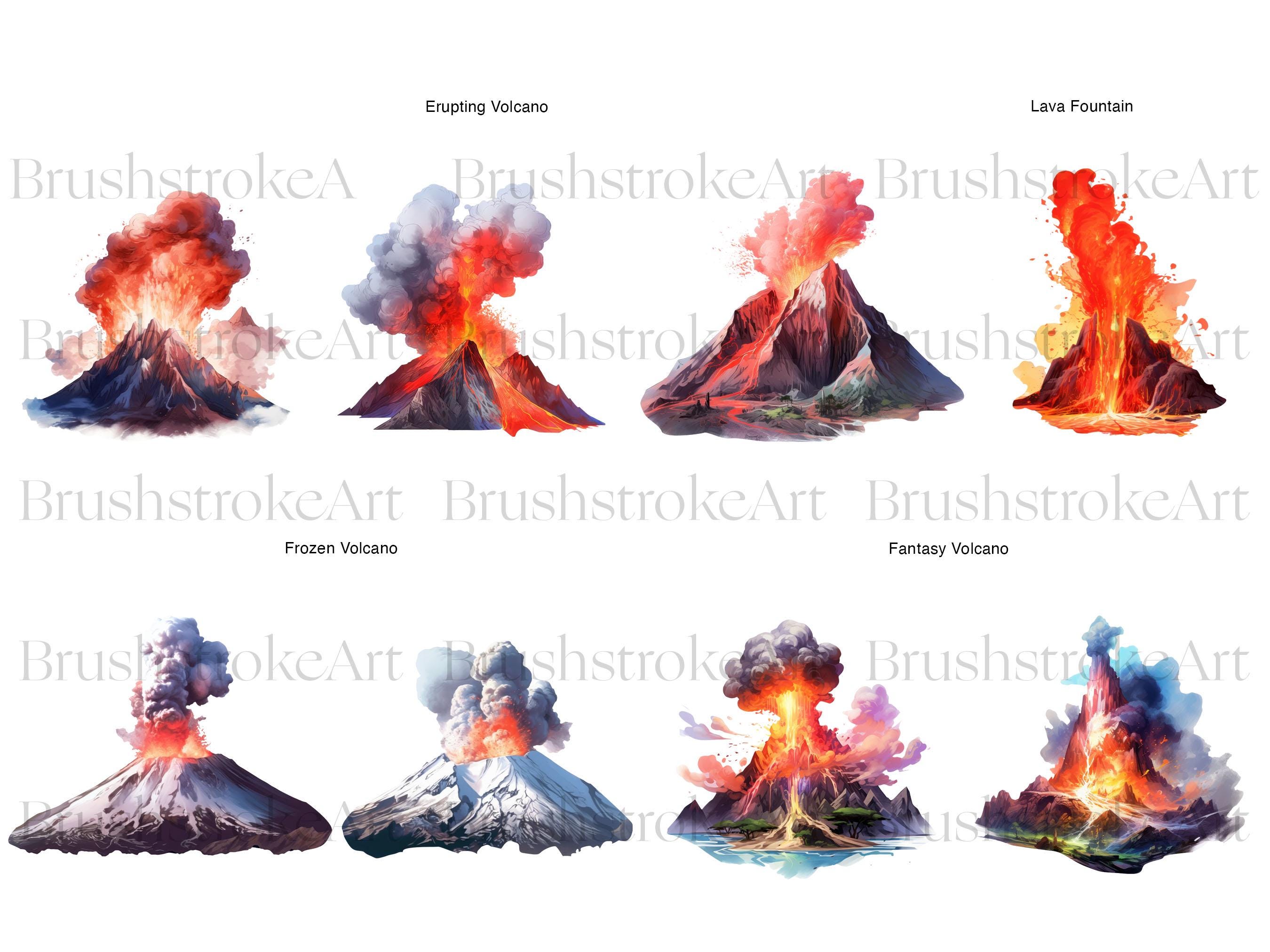 Watercolor Volcano Clipart, Erupting Volcano PNG, Lava, Fire Graphics ...