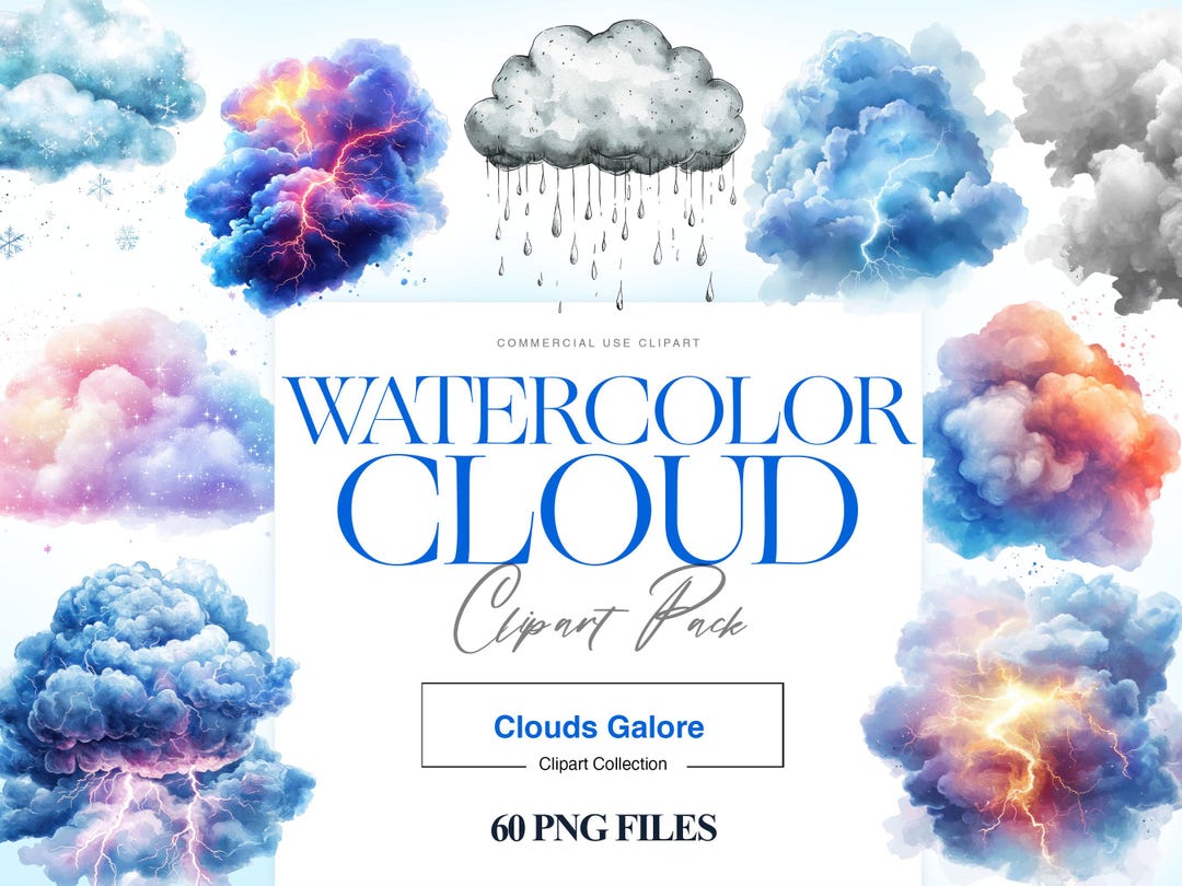 Watercolor Clouds Clipart, Rain Clouds, Fluffy, Sky Clipart, White ...