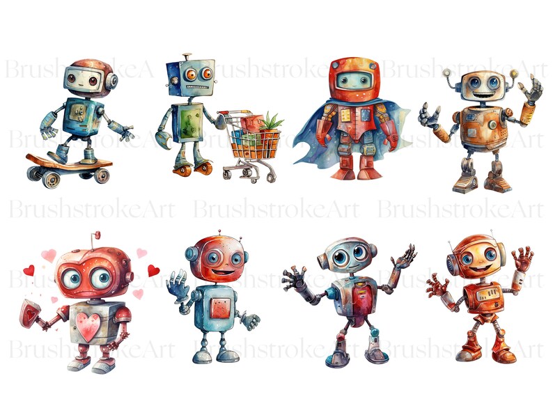 Watercolor Robot Clipart, Cute Robots, Vintage Robots, Nursery Decor ...