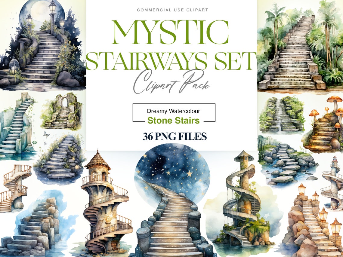 Watercolor Stairs Clipart, Fantasy Stone Steps, Mossy, Garden, Floral ...