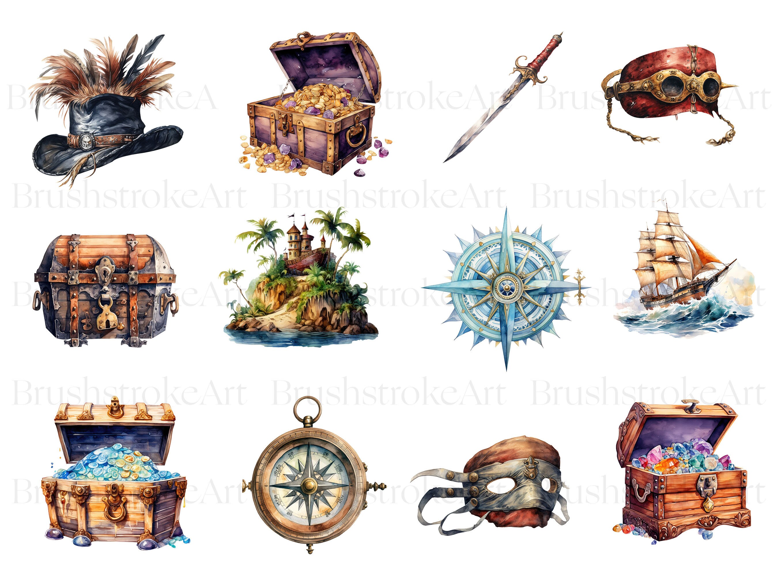 Watercolor Pirates Clipart, Pirate Ship, Hat, Boots, Skull, Treasure ...