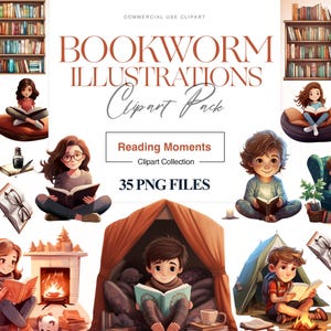 Bookworm Clipart, Books, Library Clipart, Bookshelf, Book Lover Girl ...