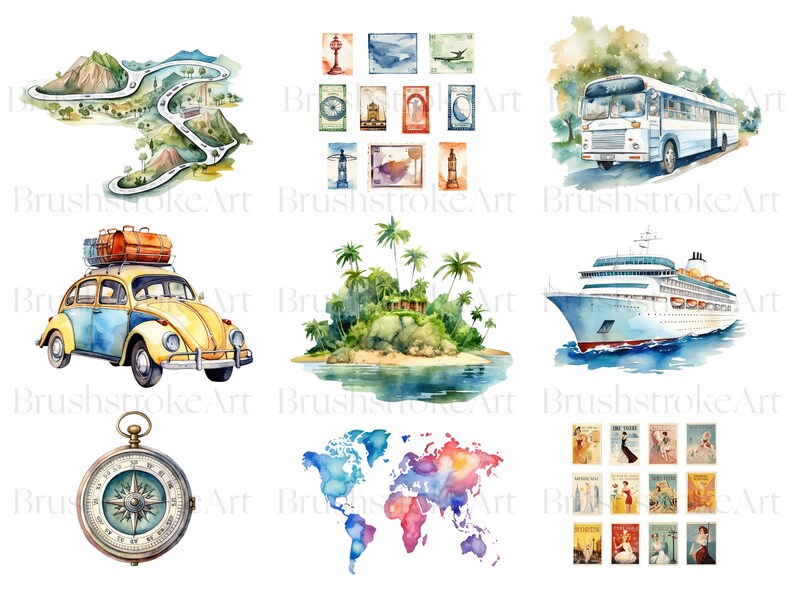 Watercolor Travel Clipart, Summer Travel, Road Trip Clipart, Vacation ...