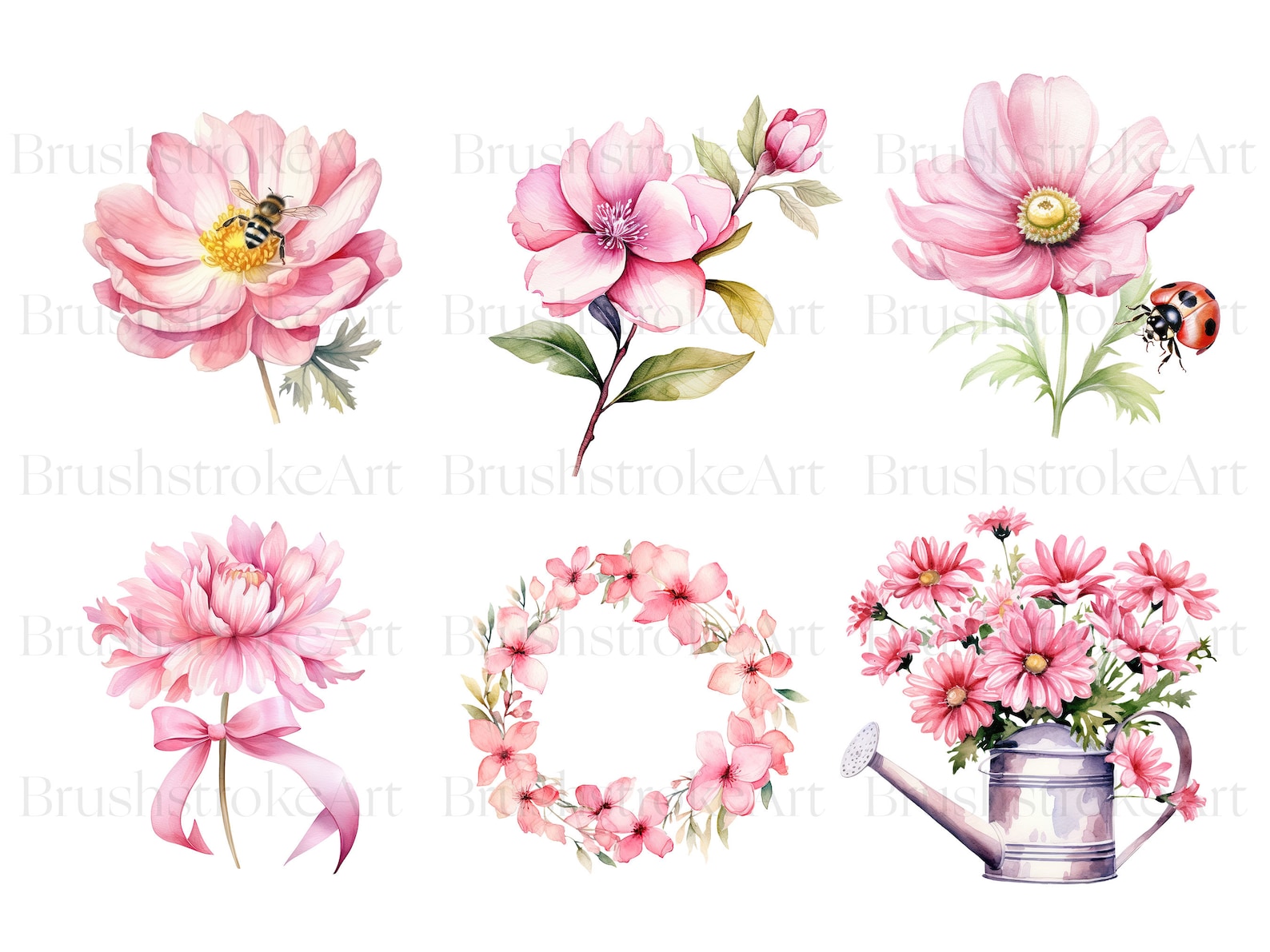 Pink Flower Clipart Pack: Watercolor Floral PNG Images for - Etsy
