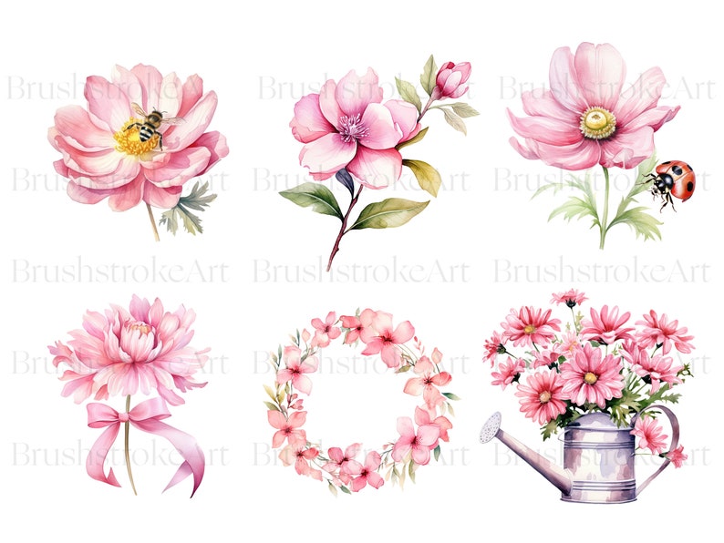 Pink Flower Clipart Pack: Watercolor Floral PNG Images for - Etsy