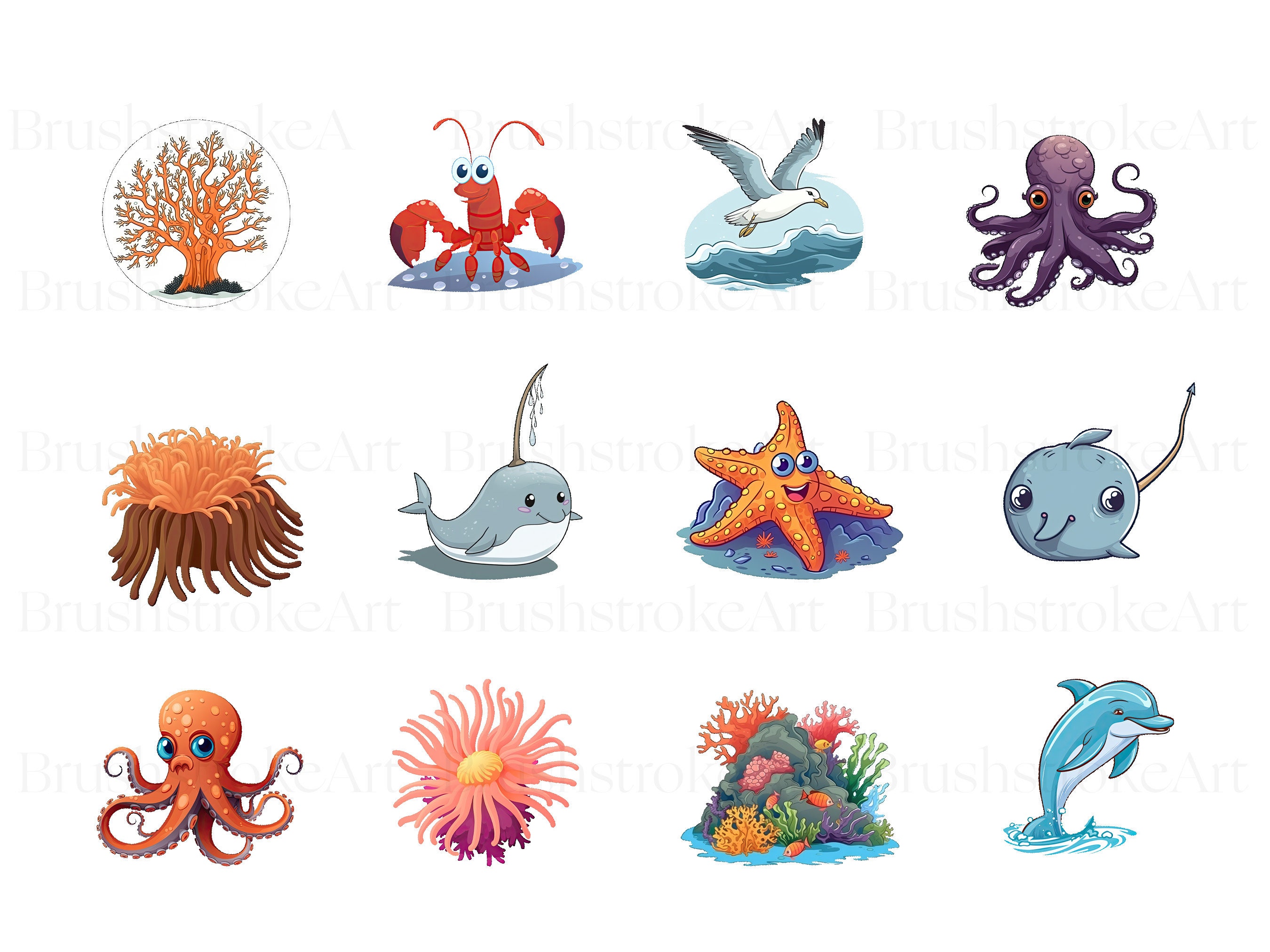 Underwater Animals Clipart Cartoon Style PNG Graphics of Sea Life for ...