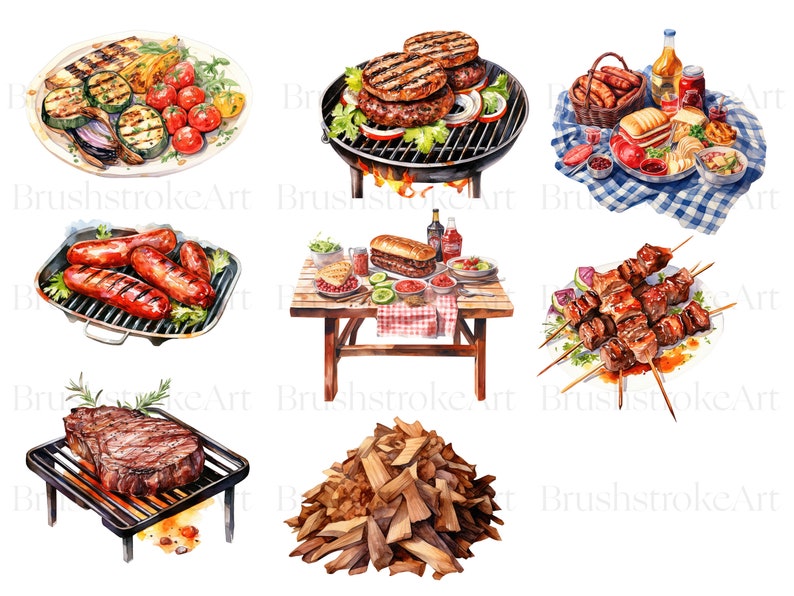 Grill Clipart Pack, Watercolor Barbecue Party, Summer Picnic, Food ...