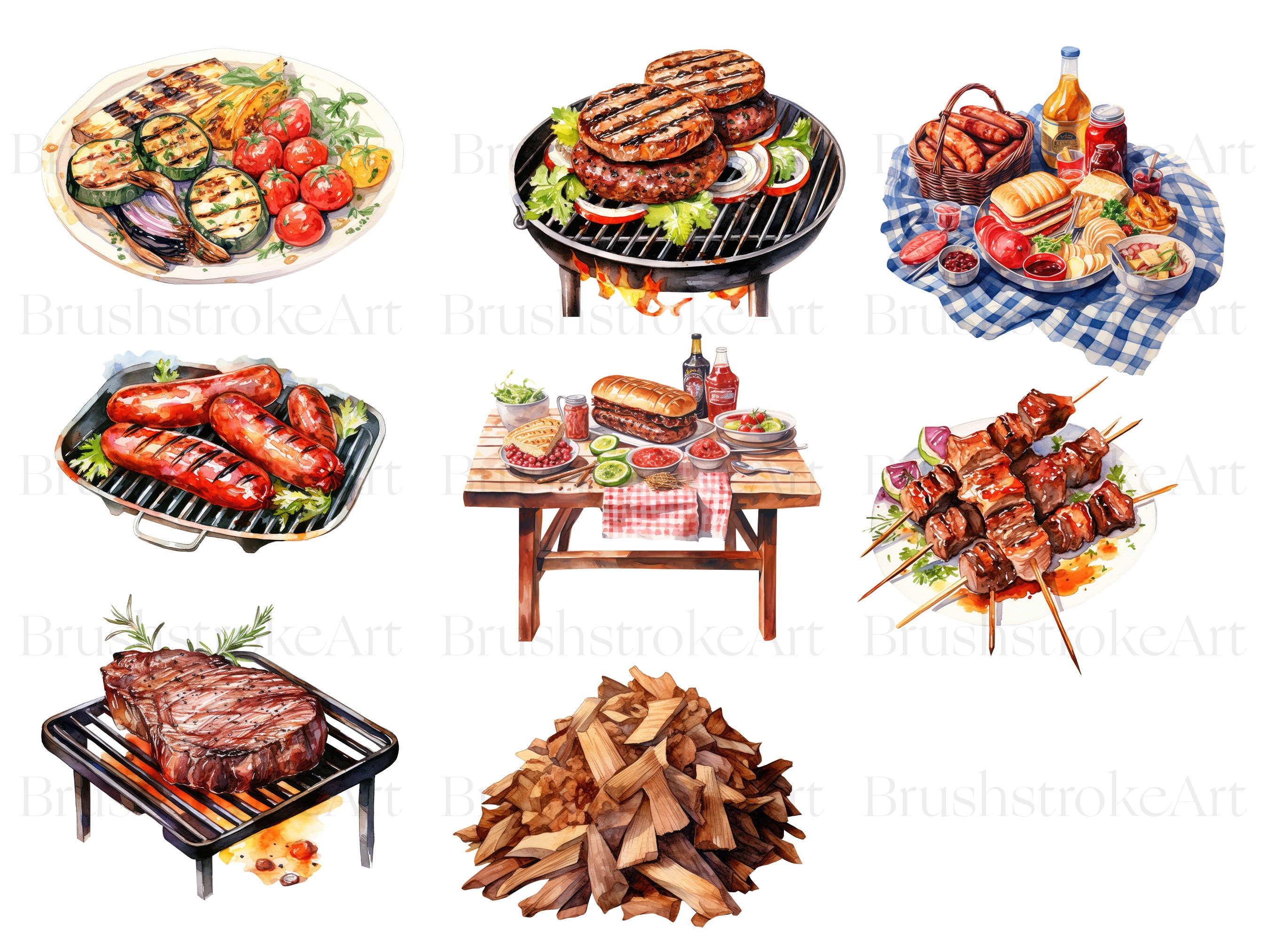 Grill Clipart Pack, Watercolor Barbecue Party, Summer Picnic, Food ...