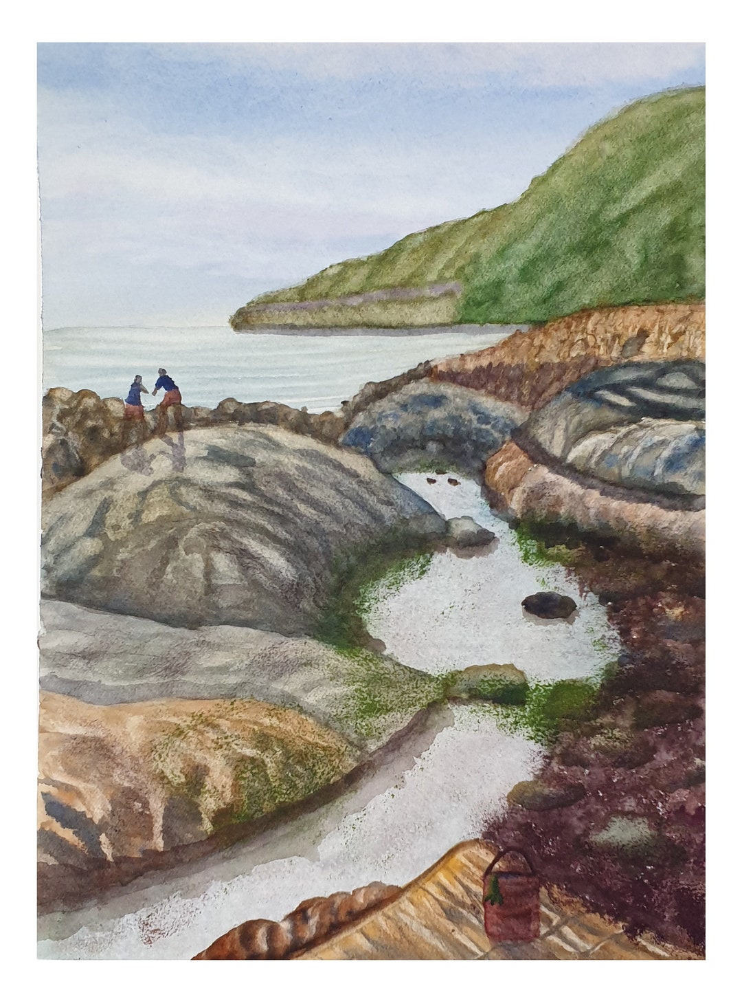 Serene Coastal Scene: Two Figures by a Cornish Rock Pool Original ...