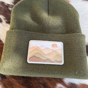 Mountain Scene Patch Beanie | Knit Acrylic Hat - Etsy