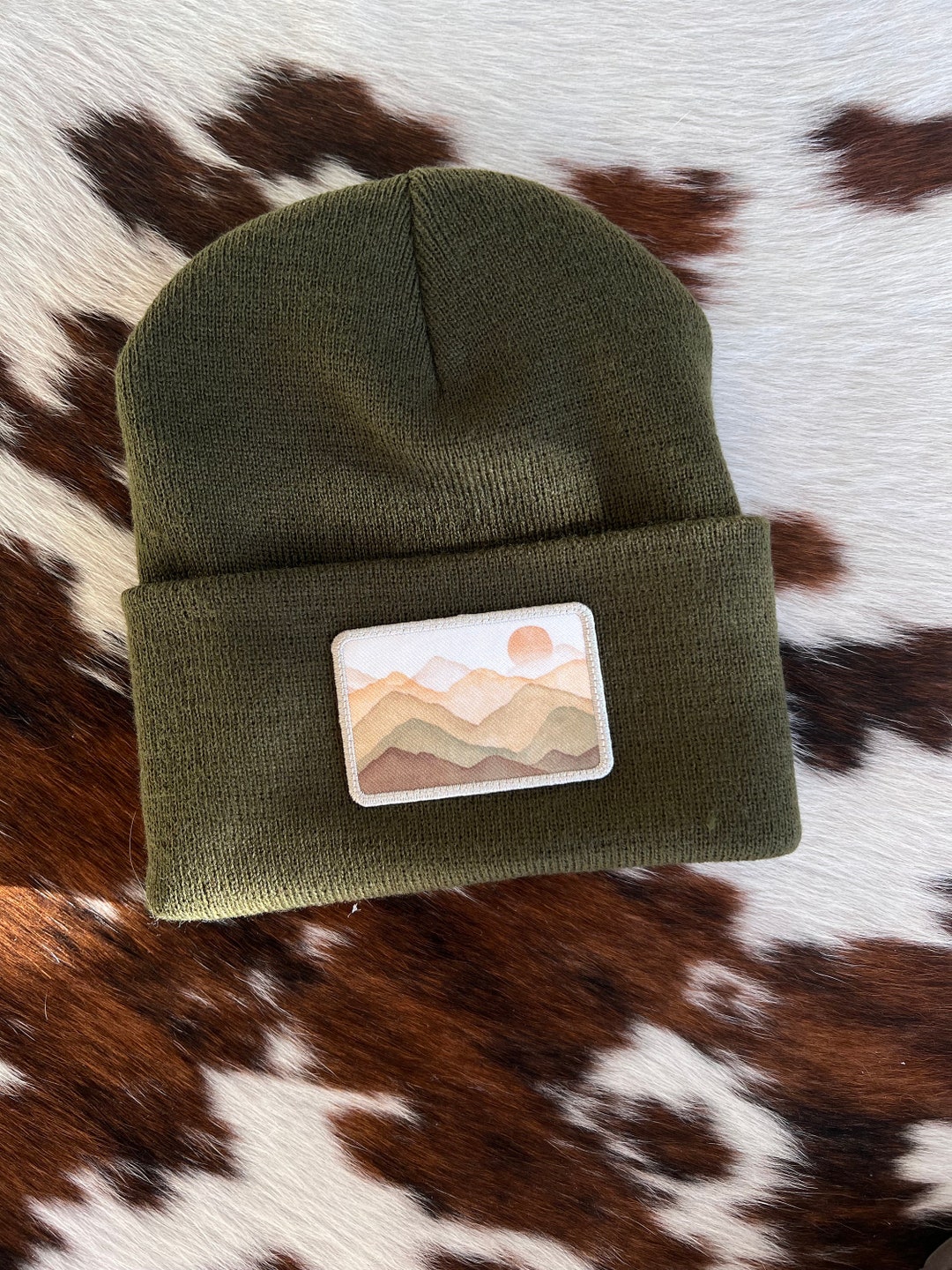 Mountain Scene Patch Beanie | Knit Acrylic Hat - Etsy