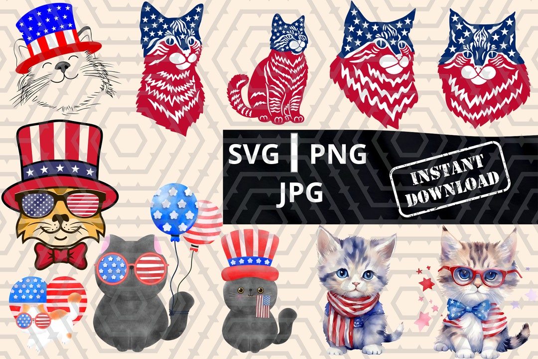 Cat Head American Flag SVG, 4 July Watercolor Cute Cats Clipart, Cute ...