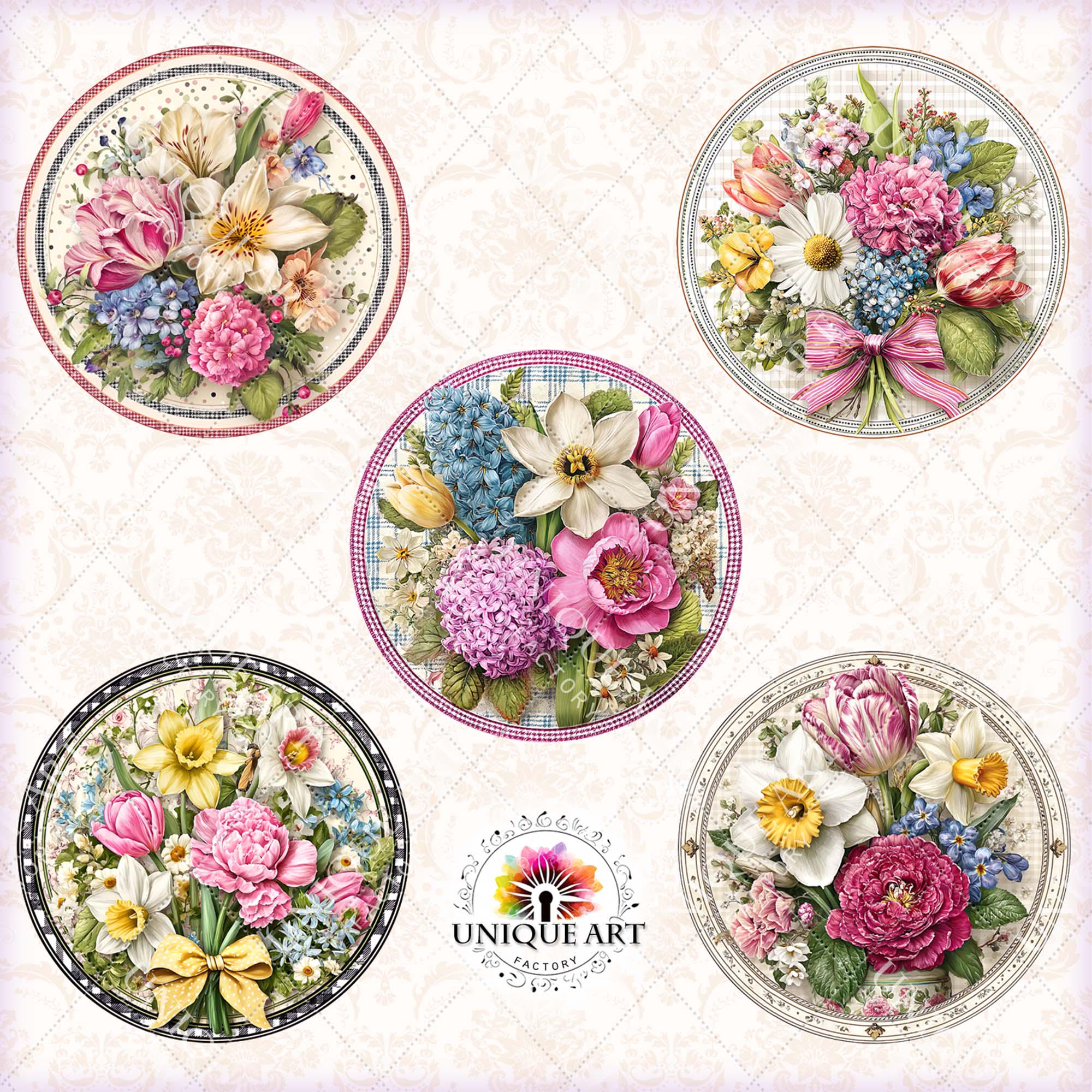 Spring Flower Round Clipart, Printable 25 PNG Image, Ornaments Gift ...
