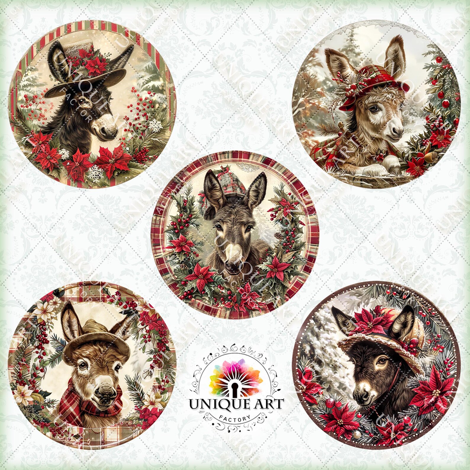 Christmas Donkeys - Round Clipart Bundle, Printable 16 PNG Image, Door ...