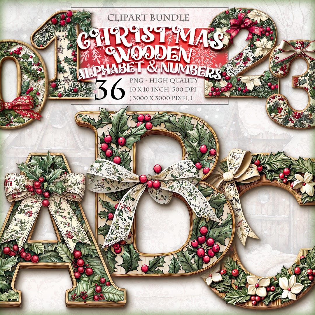 Christmas Wooden Alphabet and Numbers, Watercolor Letter Clipart Bundle ...