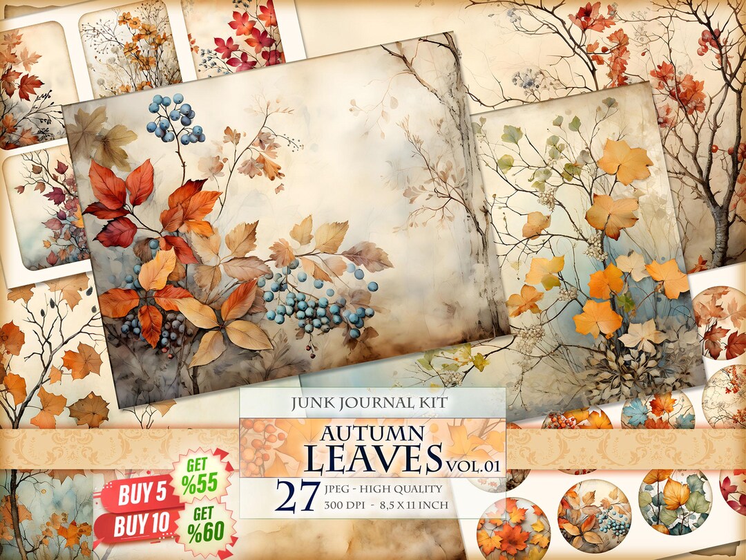 Autumn Leaves Vol.01 Watercolor Junk Journal Kit, 27 JPG 11X8,5 Inch ...