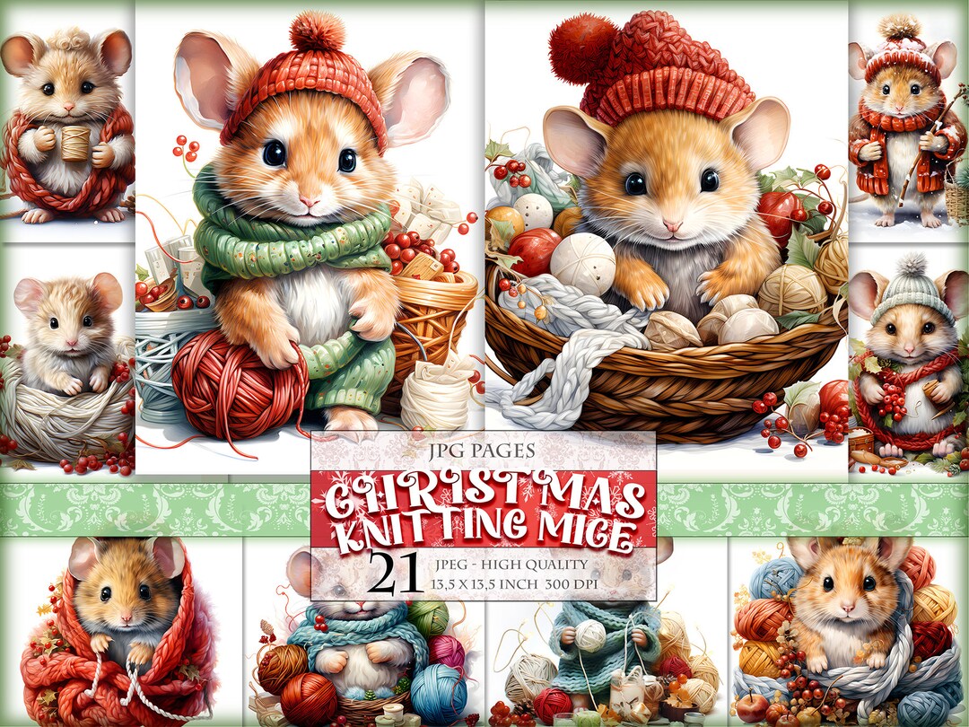 Christmas Knitting Mice, Cute Mouse, Watercolor Printable Pages ...
