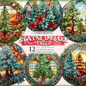 Christmas - Stained Glass Trees, Printable 12 PNG Image, Watercolor ...