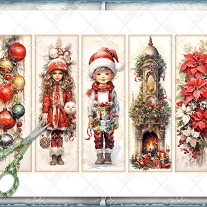Christmas Bookmarks, Vintage Noel, Watercolor Digital Sheets, 2x6,3 ...