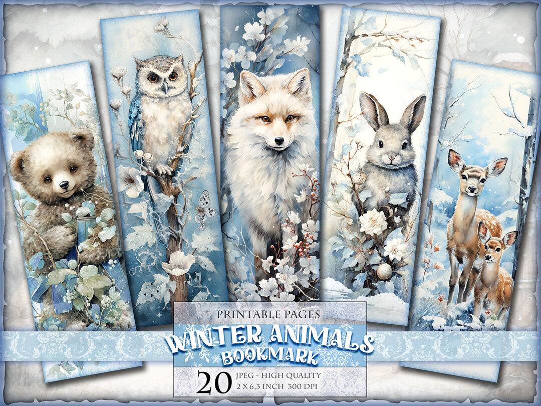 Winter Animals Bookmark, Snowly Landscape, Watercolor Digital Sheets ...